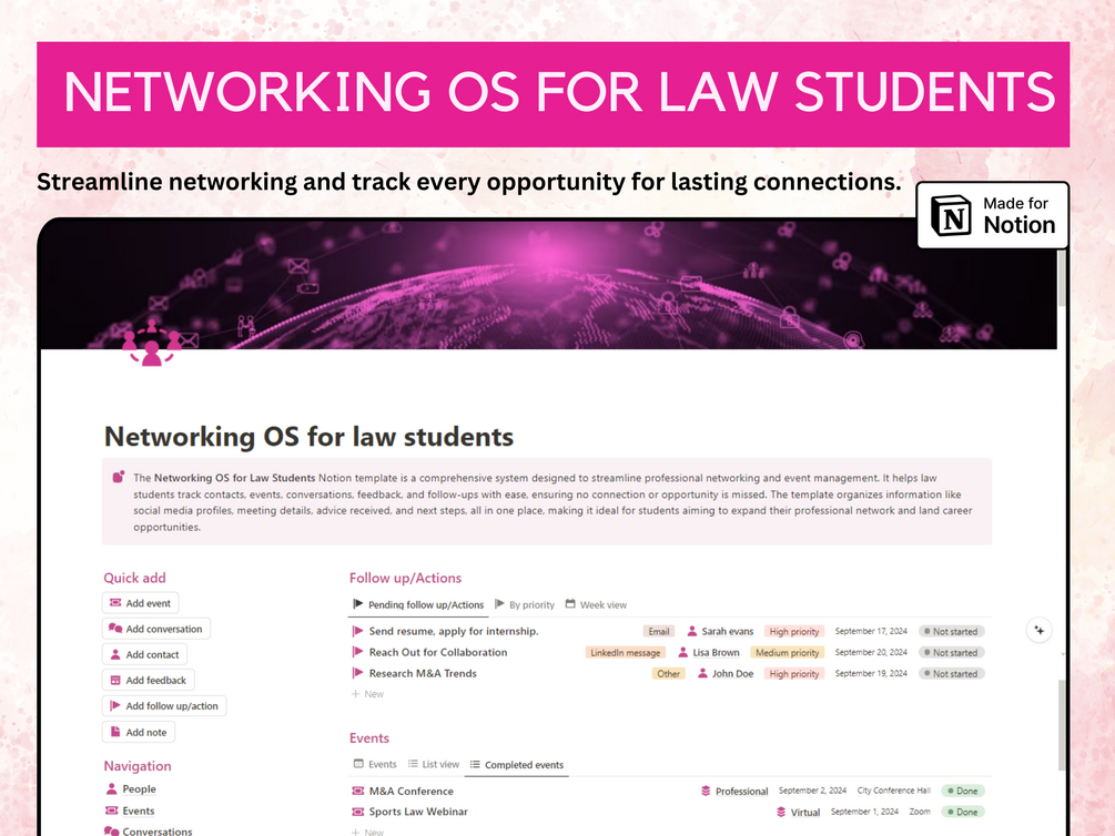 Networking OS for law students - Notion template | Networking planner