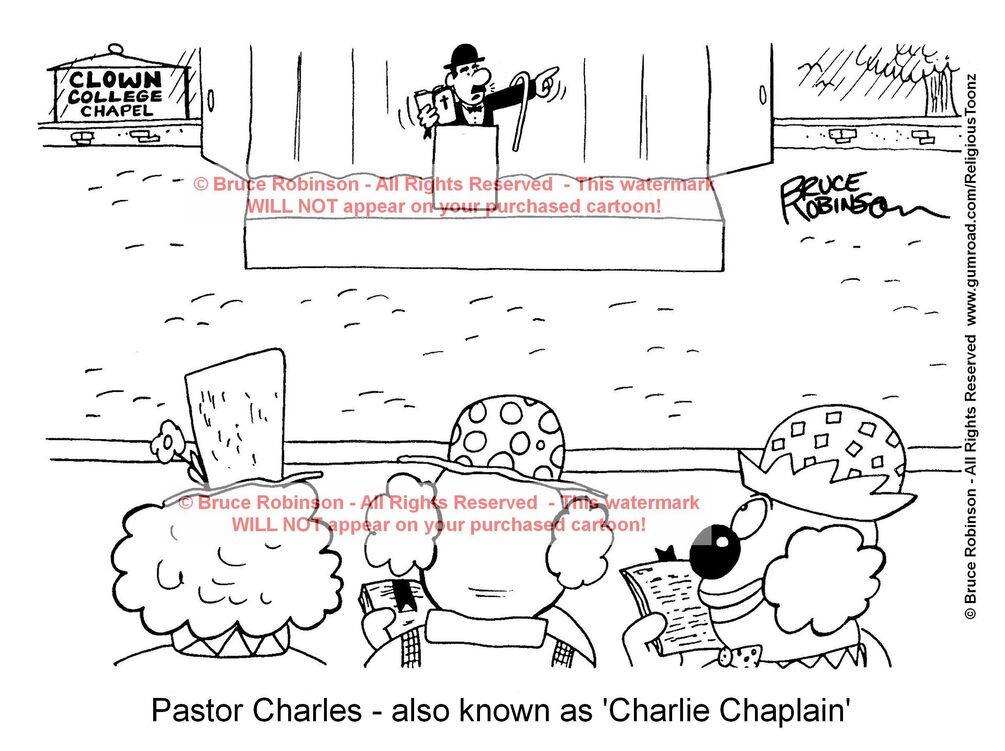 "Pastor Charles - also known as 'Charlie Chaplain'" cartoon