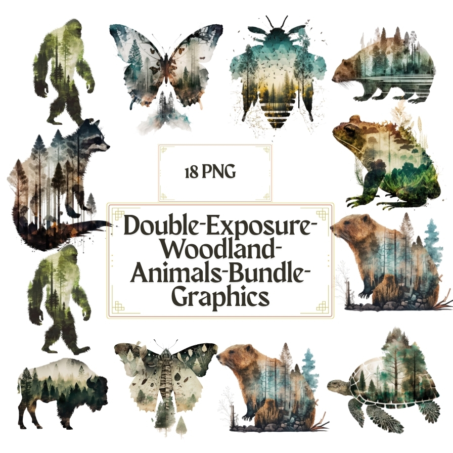 Double Exposure Woodland Animals Bundle: 18 Premium PNG Designs for T ...