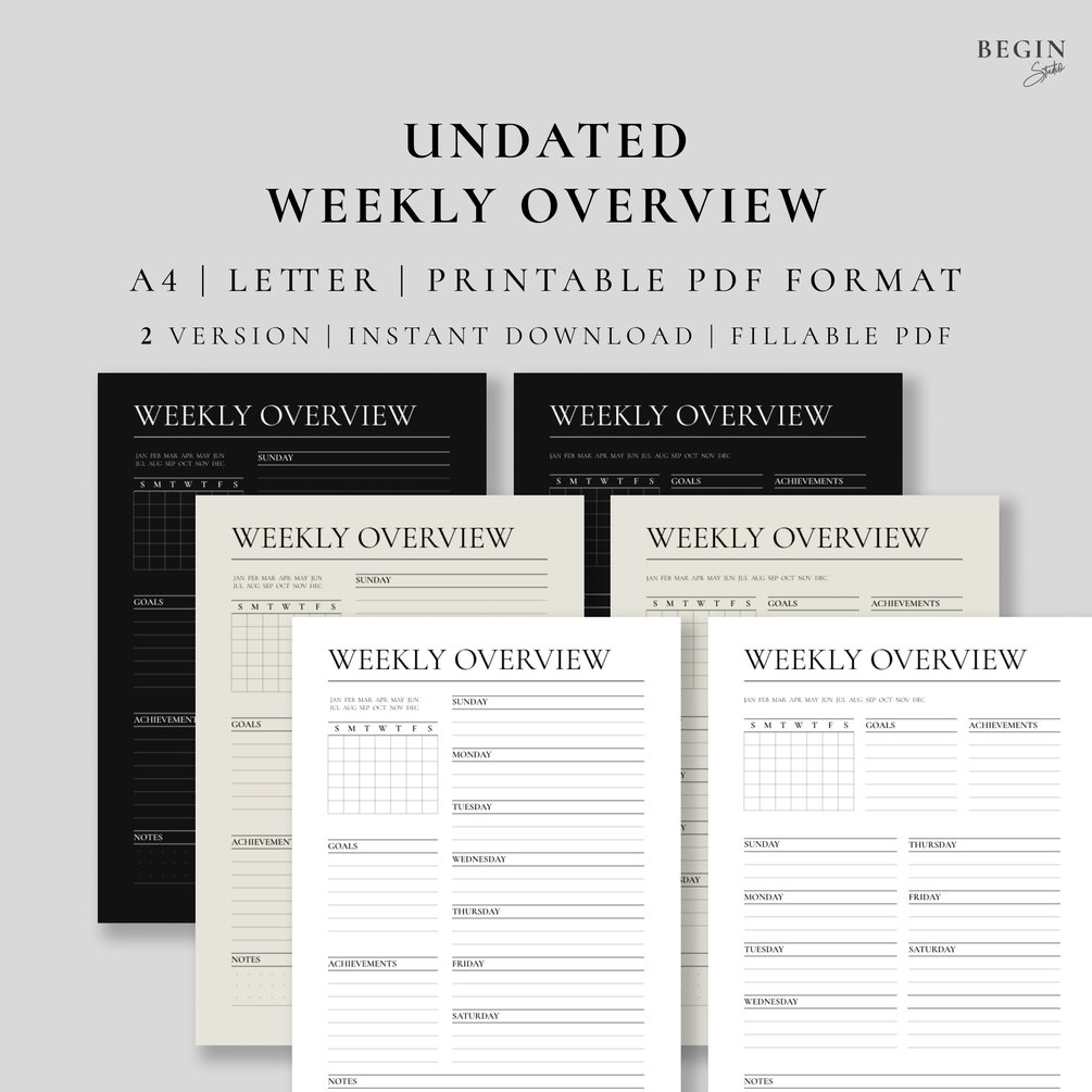 Undated Weekly Overview Printable | Weekly Schedule | A4 / Letter ...