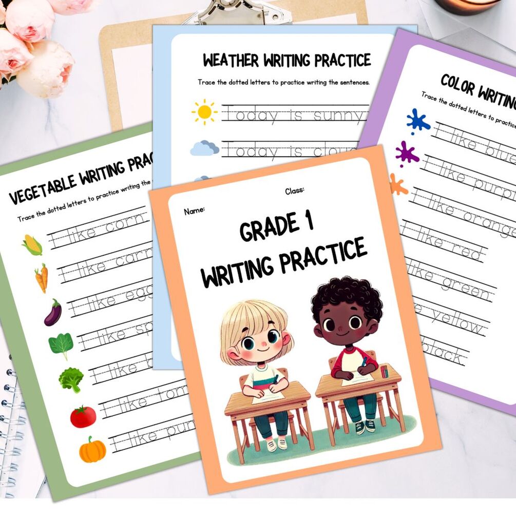 Grade 1 English Writing Practice Workbook – 8 Colorful Pages to Build ...