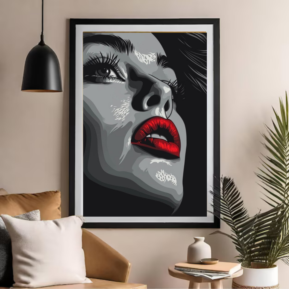 Modern Woman Face Wall Art – Bold Black Shade with Dark Lipstick