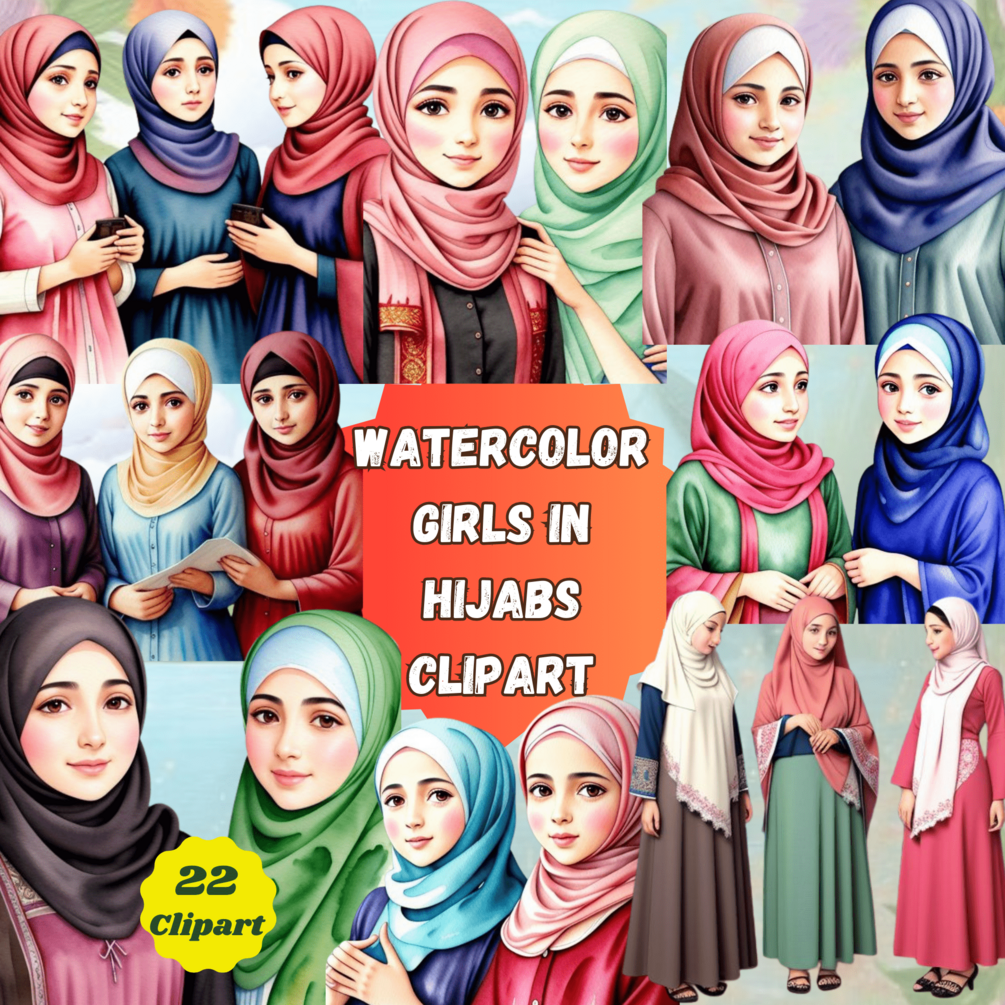 Watercolor Muslim Girls Clip Art / Watercolor Girls in Hijabs Clipart V1