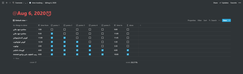 pomodoro table with begining and ending date / notion