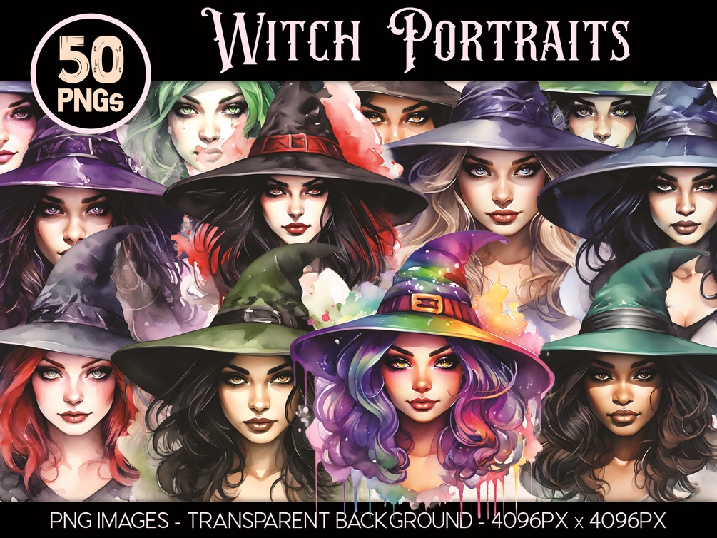 50 Witch Portraits Watercolor PNG Clip Art Bundle