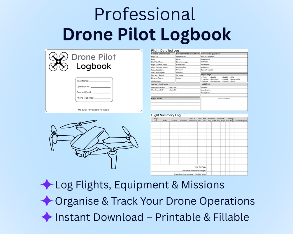 Professional Drone Pilot Logbook & Toolkit (43 Pages – Printable & Fillable PDF + Canva Editable ...