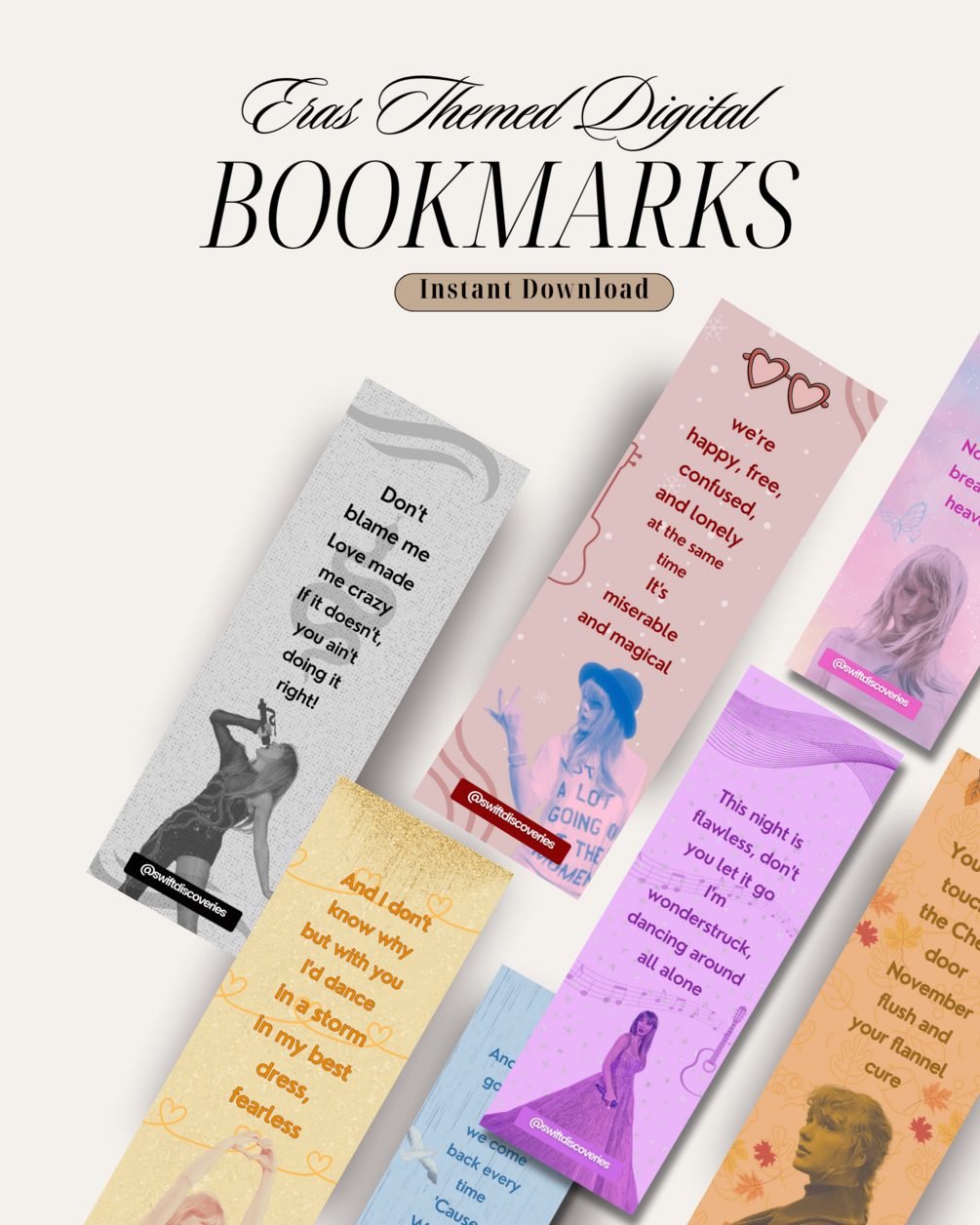 Taylor Swift inspired Printable Bookmarks, Bookmark Set of 10 Instant ...