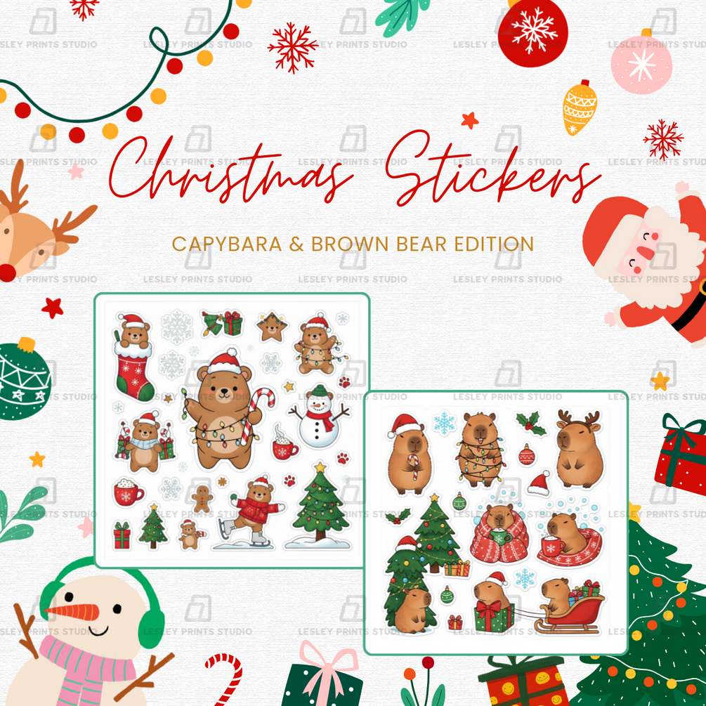 Christmas Stickers 2 Sheet V3– Cute Brown Bear, Capybara & Holiday ...