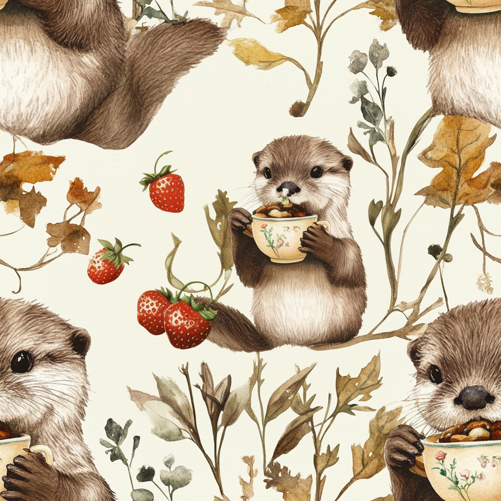 Quirky Repeating Vintage Animal Patterns - Otter & Strawberry