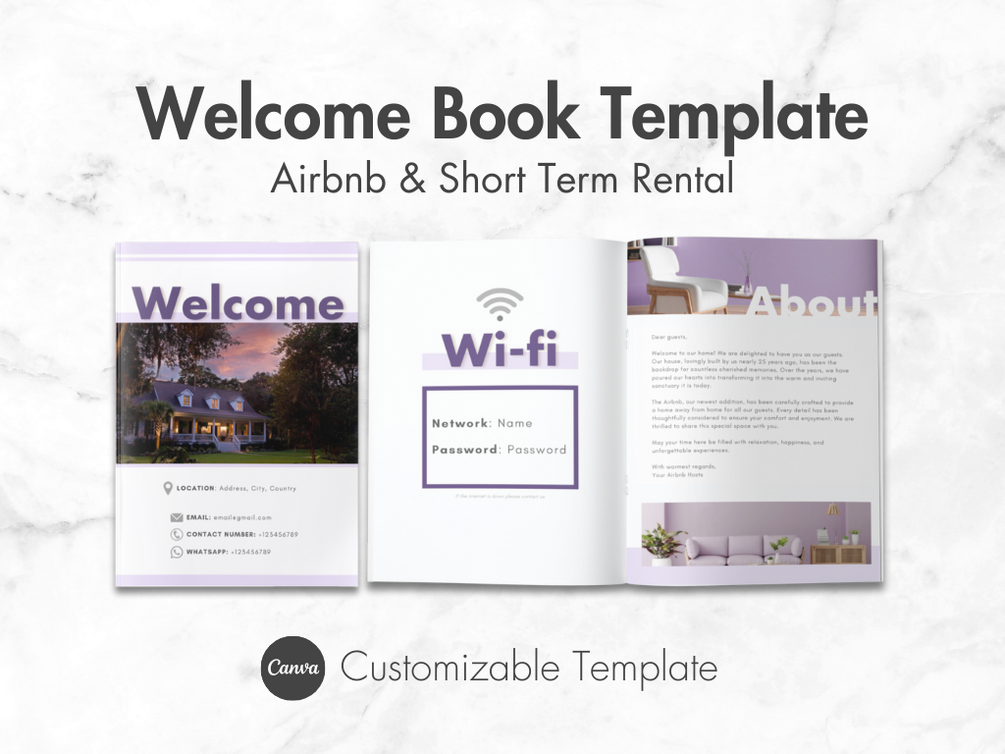 Airbnb Welcome Book Template Purple | CANVA Guest Book | VRBO Booking ...