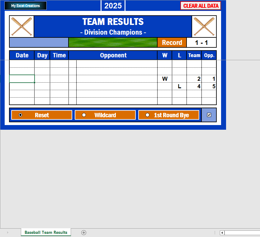 Microsoft Excel Spreadsheet - Baseball Team Results (FOR PC / LAPTOP ONLY)