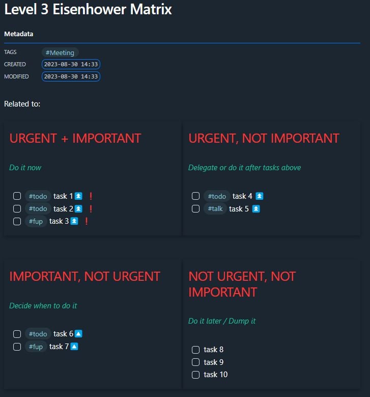 Obsidian Template for Eisenhower Matrix - Level 3