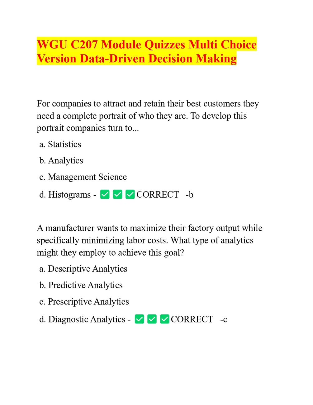 WGU C207 Module Quizzes Multi Choice Version Data-Driven Decision Making