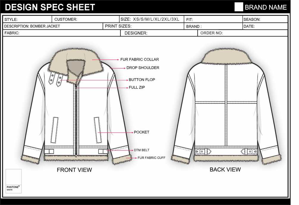 BOMBER JACKET FUR COLLAR EASY EDITABLE EMPTY TECHPACK MEASUREMENT ...