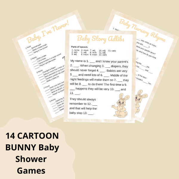 14 Cartoon Bunny Printable Baby Shower Games (Gender Neutral) and ...