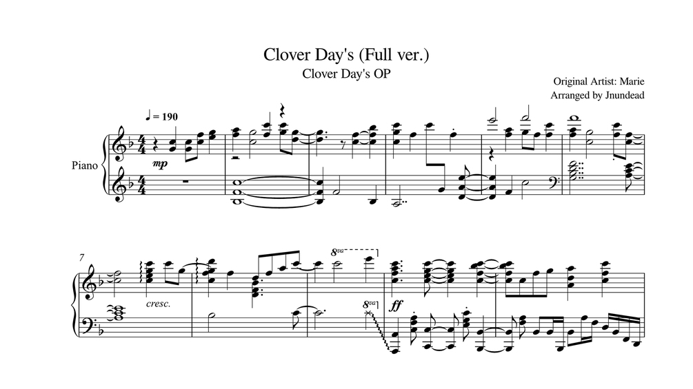 [Clover Day's OP] Clover Day's (Full ver.) Piano Arrangement