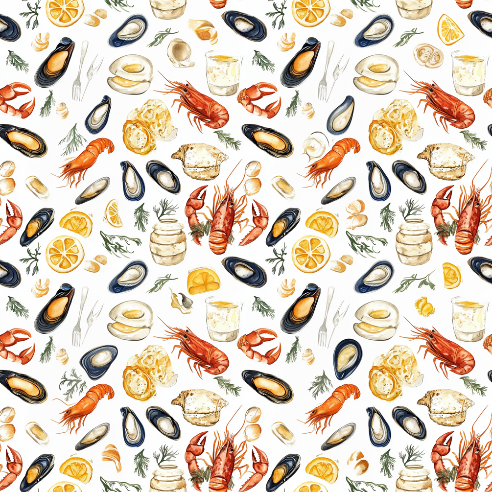Large Quirky Repeating Vintage Animal Patterns - Seafood & Seafood