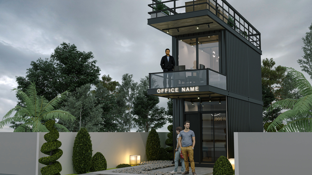 COFF1F2 — Modern 2-Story Container Office Plan with Rooftop Terrace
