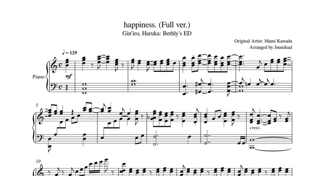[Gin'iro, Haruka: Bethly's ED] happiness. (Full ver.) Piano Arrangement