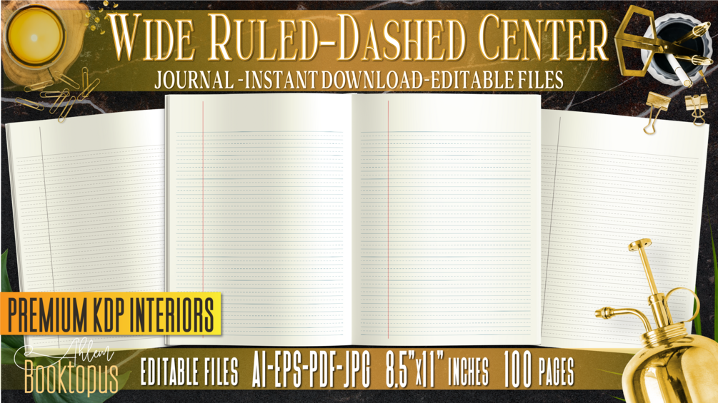 Wide Ruled -Dashed Midline journal -Notebook 120 pages 8.5" x 11"