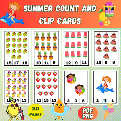 Summer Count and Clip Cards Numbers 1-20 Counting Center