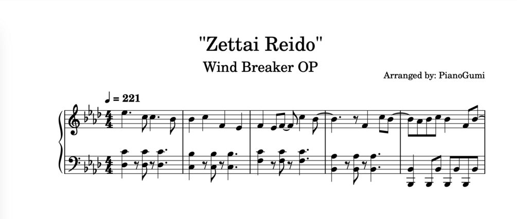 Wind Breaker OP - "Zettai Reido" - INTERMEDIATE Piano Sheet Music