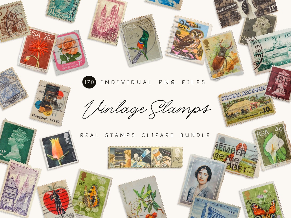 Vintage Stamps - 170 Individual Real Stamps PNG Clipart Files Bundle