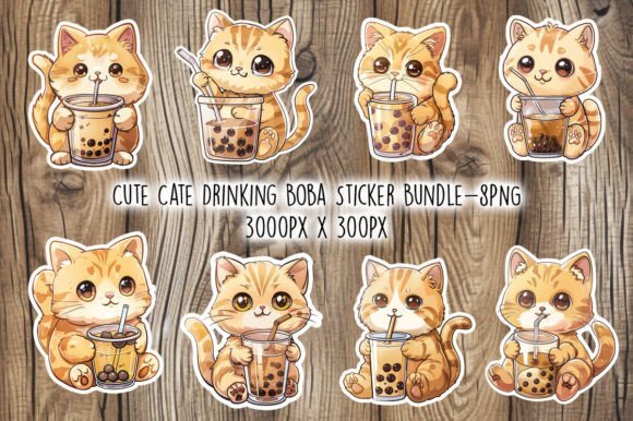 Cute Kawaii Cat Drinking Boba Milk Tea 8 PNG, Bubble Tea Cat PNG ...
