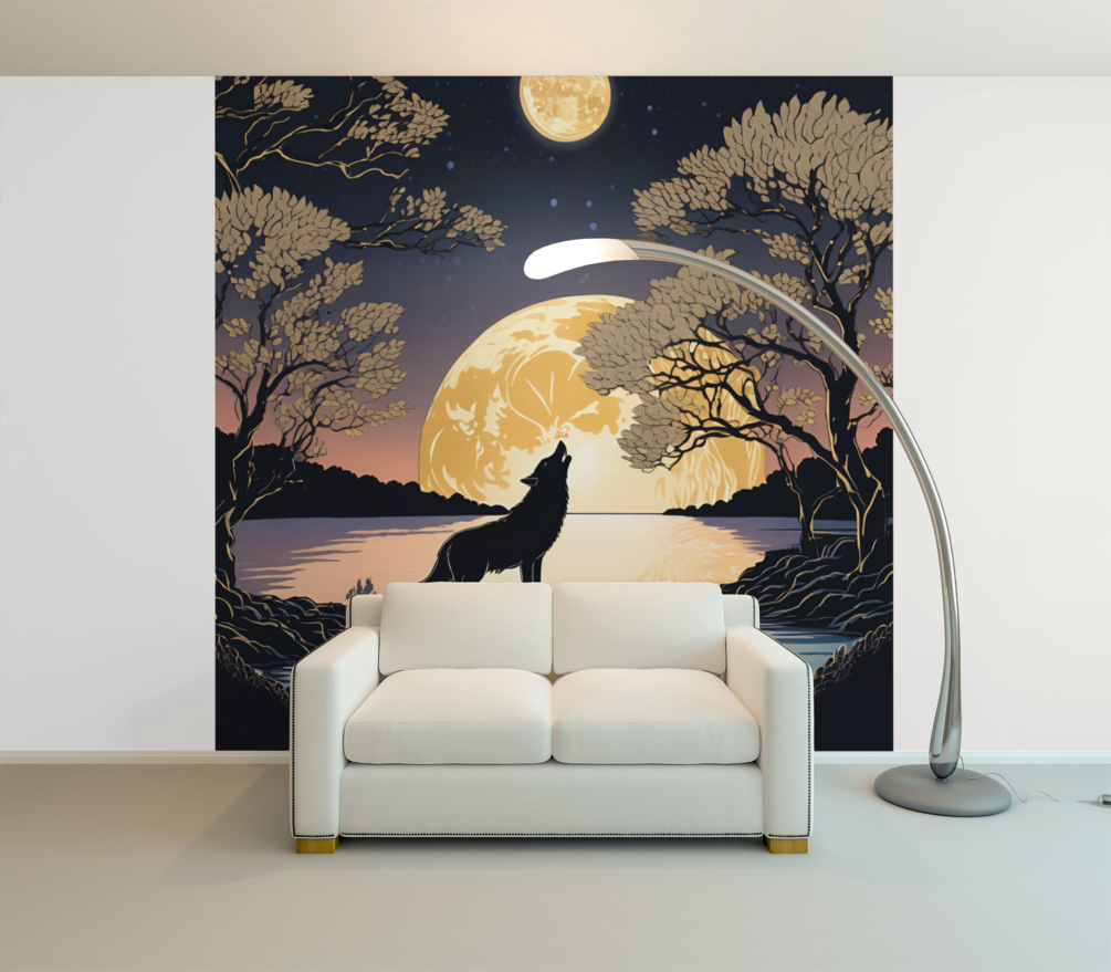 Black Wolf Full Moon Poster, Oil Painting, Black Wolf Landscape Poster ...