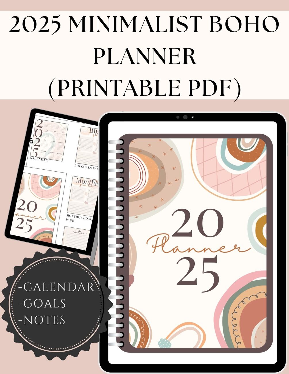 2025 Minimalist Boho Planner (Printable PDF)- Calendar,Goals, Notes