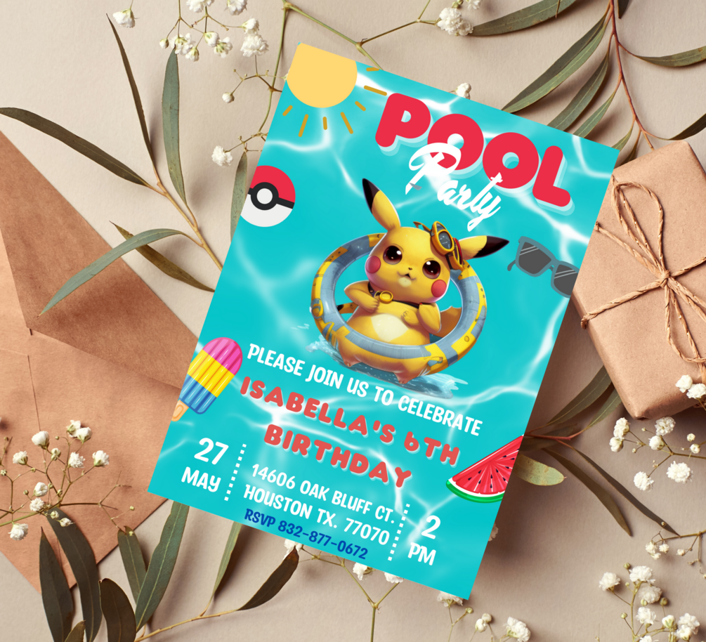 Pikachu Pool Birthday Invitation | Fun & Electric Pokémon-Themed Party ...