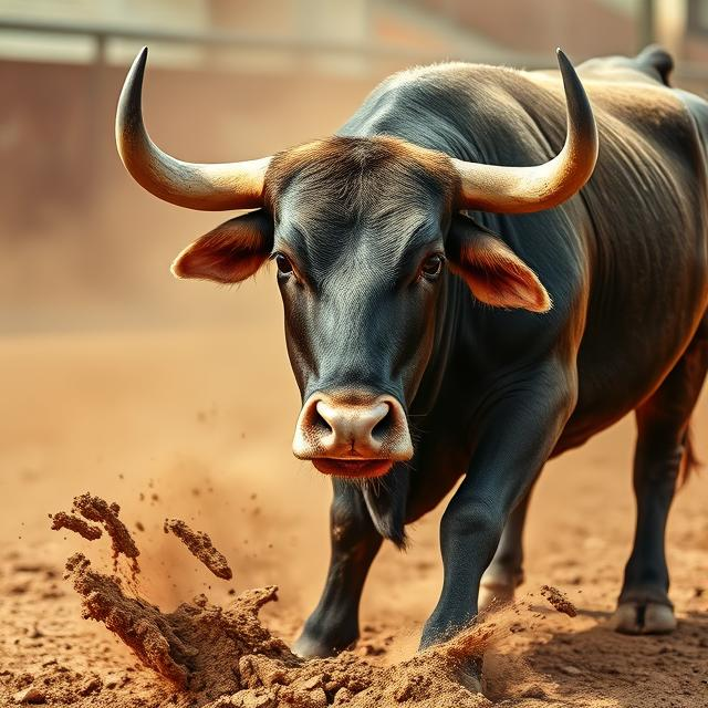 "A furious bull in a dusty arena, nostrils flaring and hooves kicking ...
