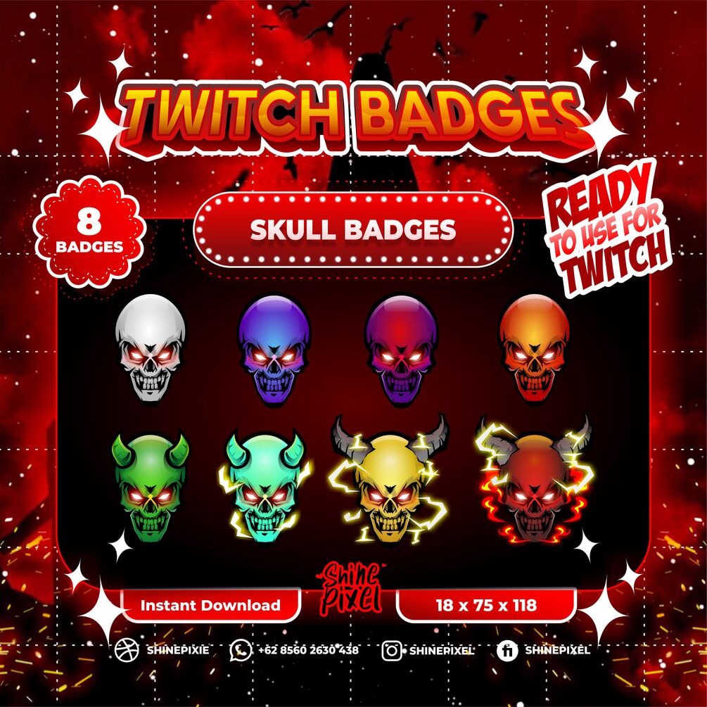 Skull Badge Twitch Sub Badges - Bit Badges for streamers 8 Badges
