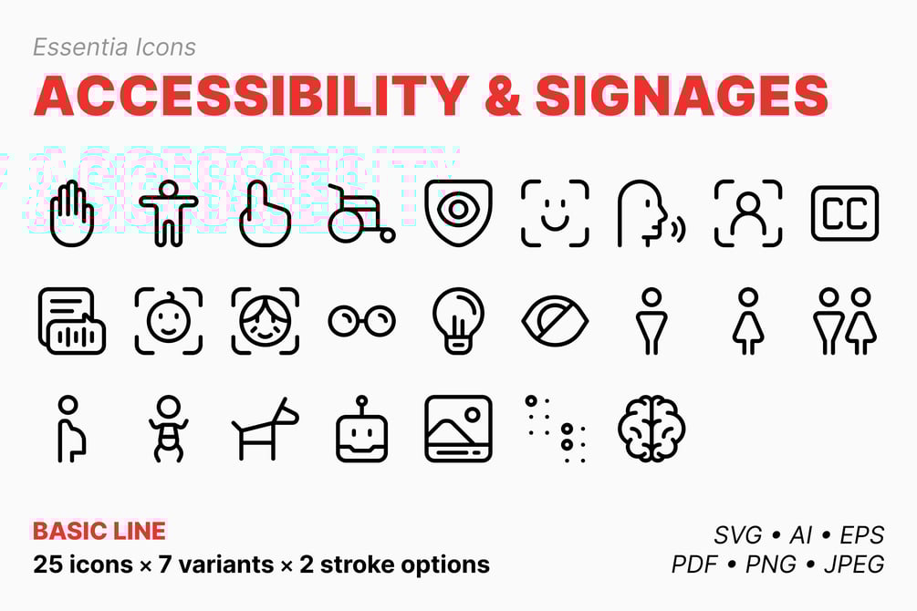 25 Accessibility & Signage icons (Essentia Line)