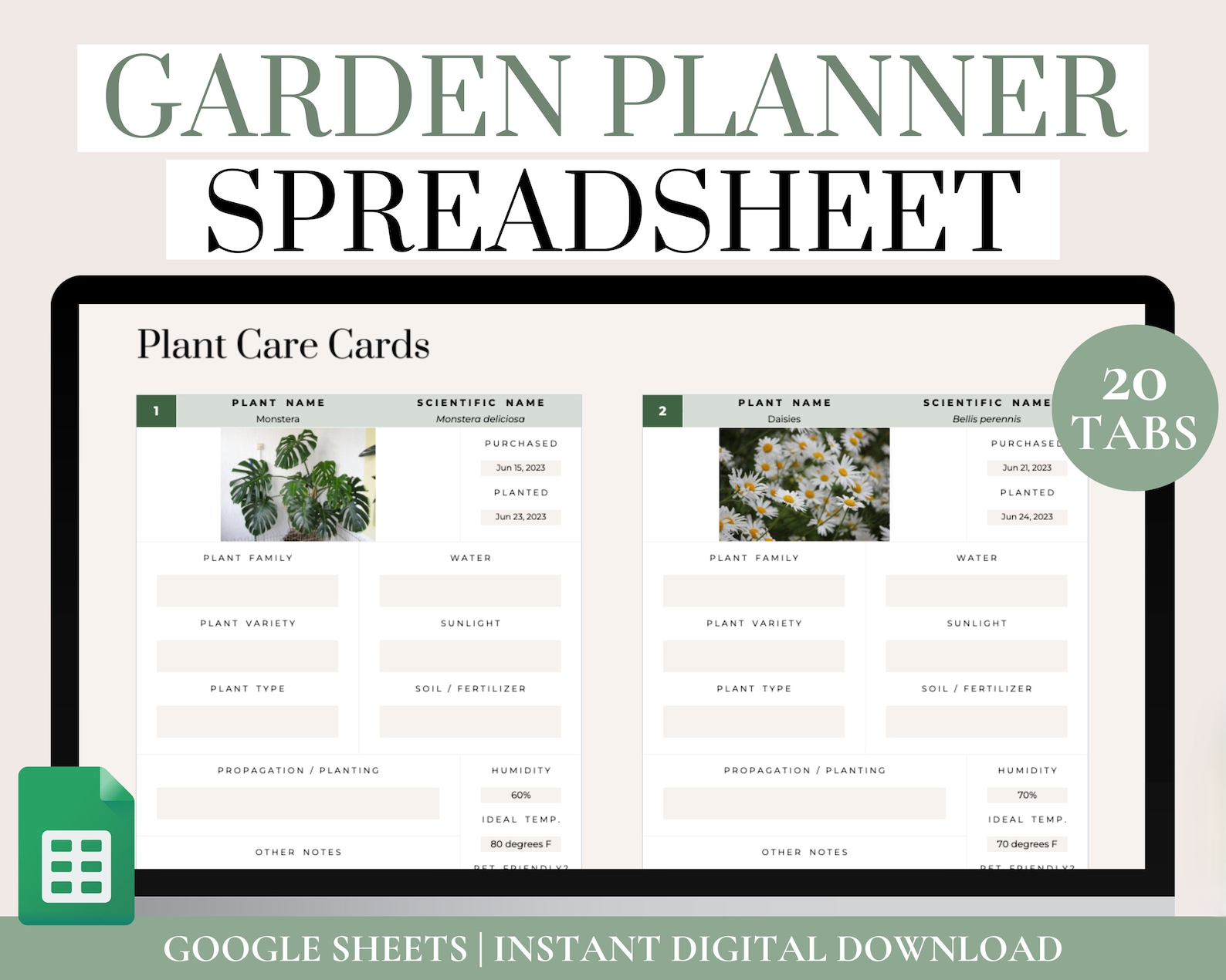 Garden Planner And Log Spreadsheet, Gardening Planner Google Sheets Digital