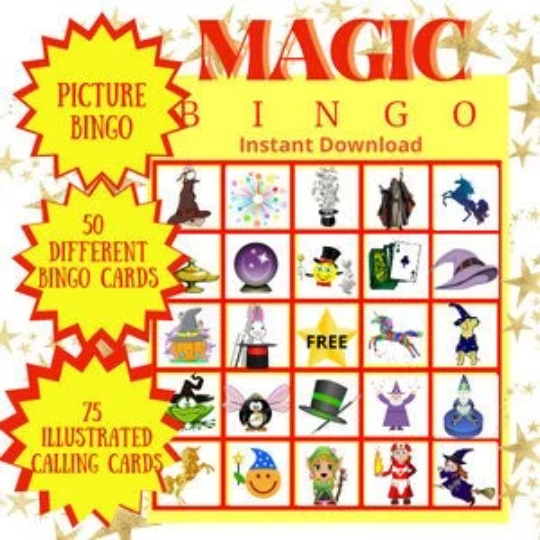 50 MAGIC Bingo Cards - Picture Bingo - Print and Play - Party Game for ...