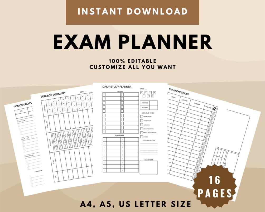 Printable Exam Planner. Editable using Canva