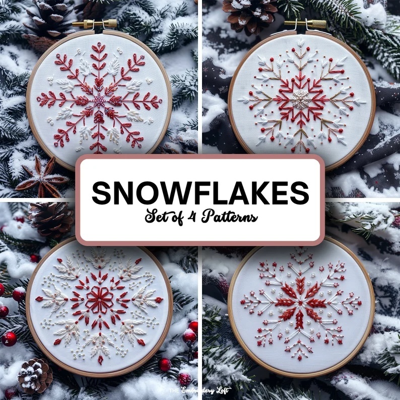 Set of 4 Red and White Snowflake Hand Embroidery Patterns