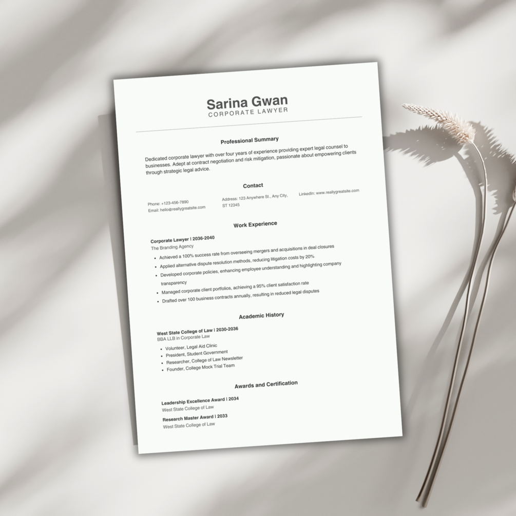Law Resume in White Grey Simple Style – Modern, Editable & ATS-Friendly ...