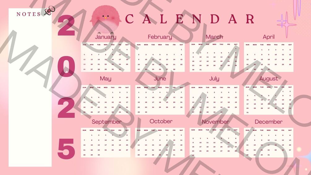 Cute Pink 2025 Calendar Template