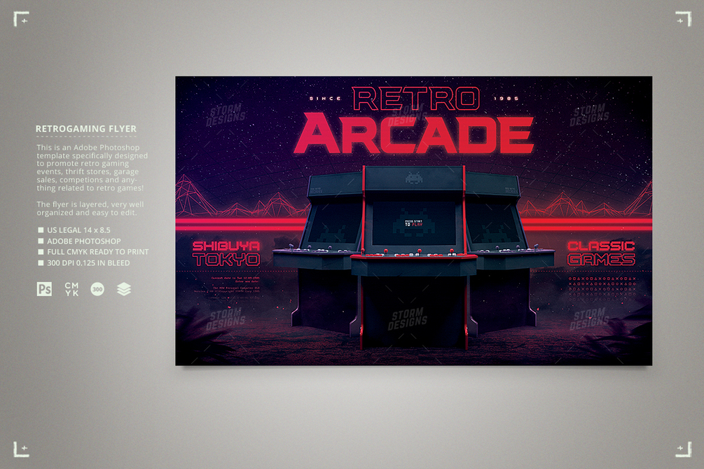 Retro Gaming 4 Players Arcades Mockup Flyer