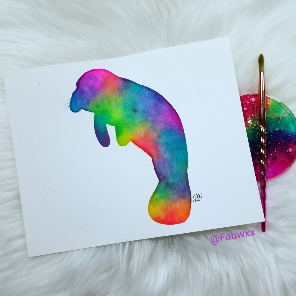 Rainbow Manatee Original Watercolor Painting