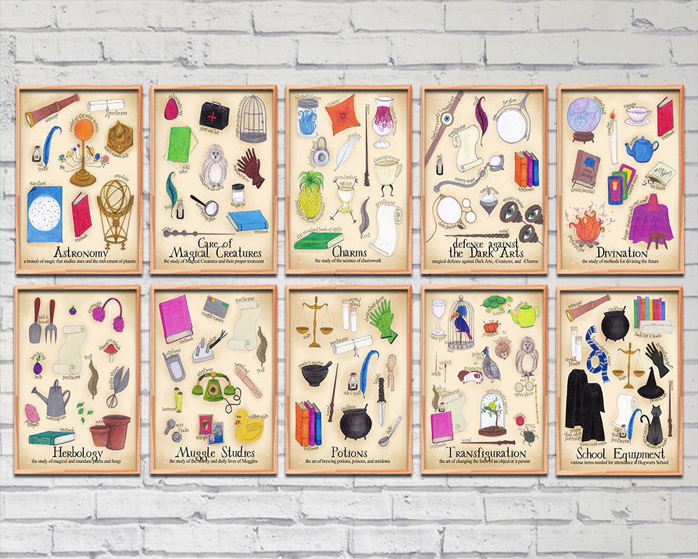 Hogwarts classes, Hand drawn Harry Potter prints, Set of 10 prints ...