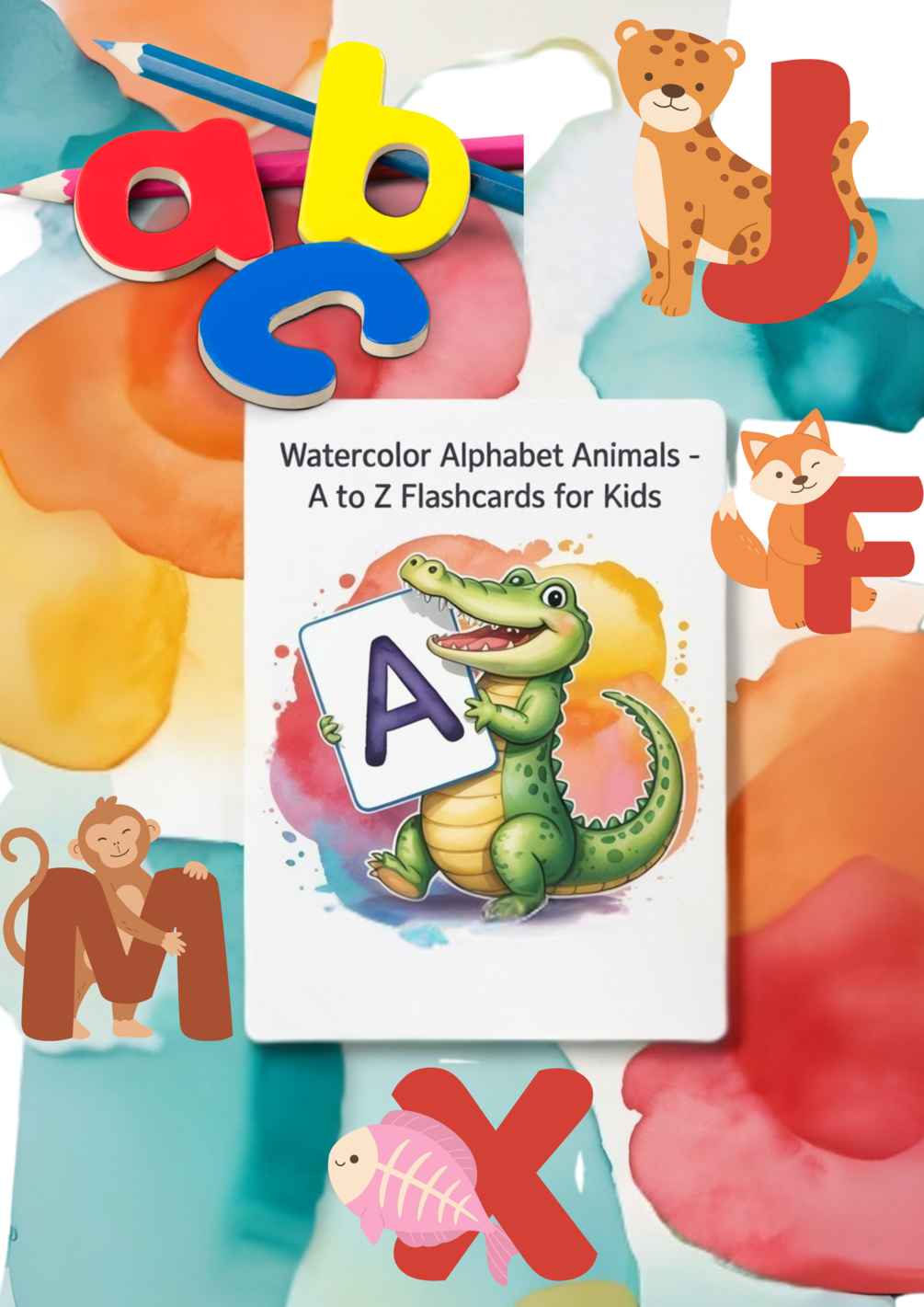 Watercolor Alphabet Animals Flashcards For Kids