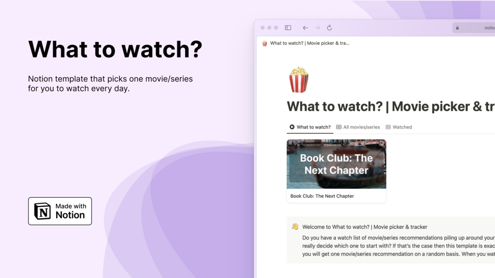 What to watch? | Movie Picker & tracker 🍿 | Notion template