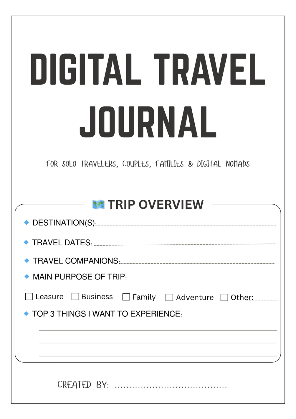 Digital Travel Journal – Minimalist Travel Planner & Trip Log (Printable)