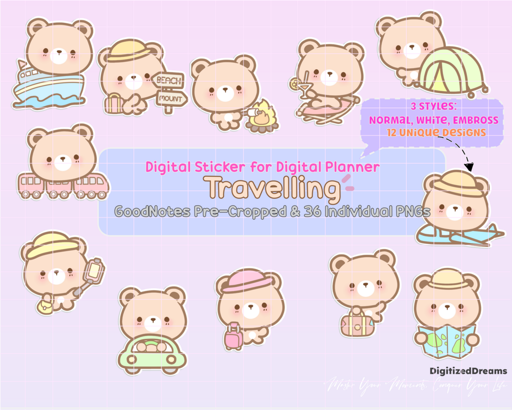 Bear Travel Digital Sticker Pack, bear GoodNotes Planner Stickers, Bear ...
