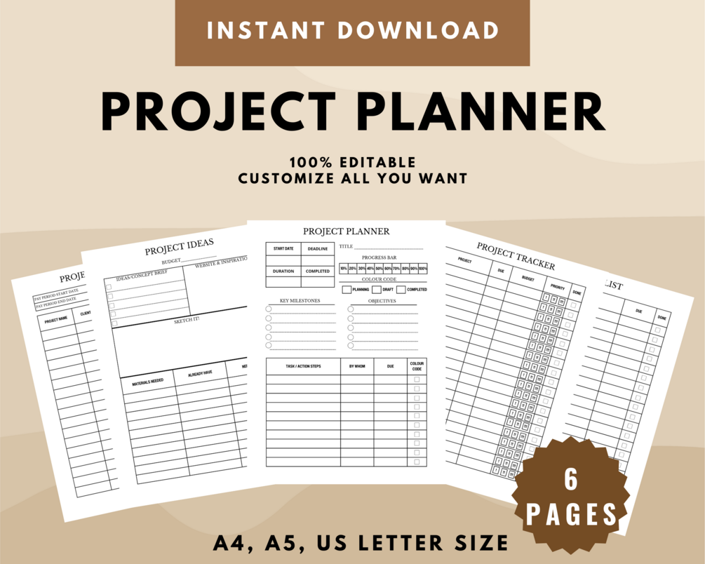 Printable Project Planner. Editable using Canva