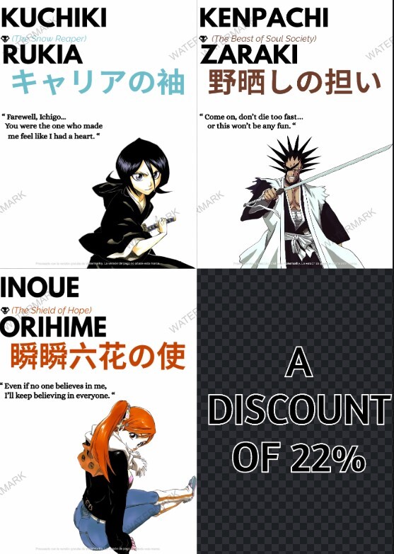 Anime Bleach posters (Zaraki, Orihime, Rukia)