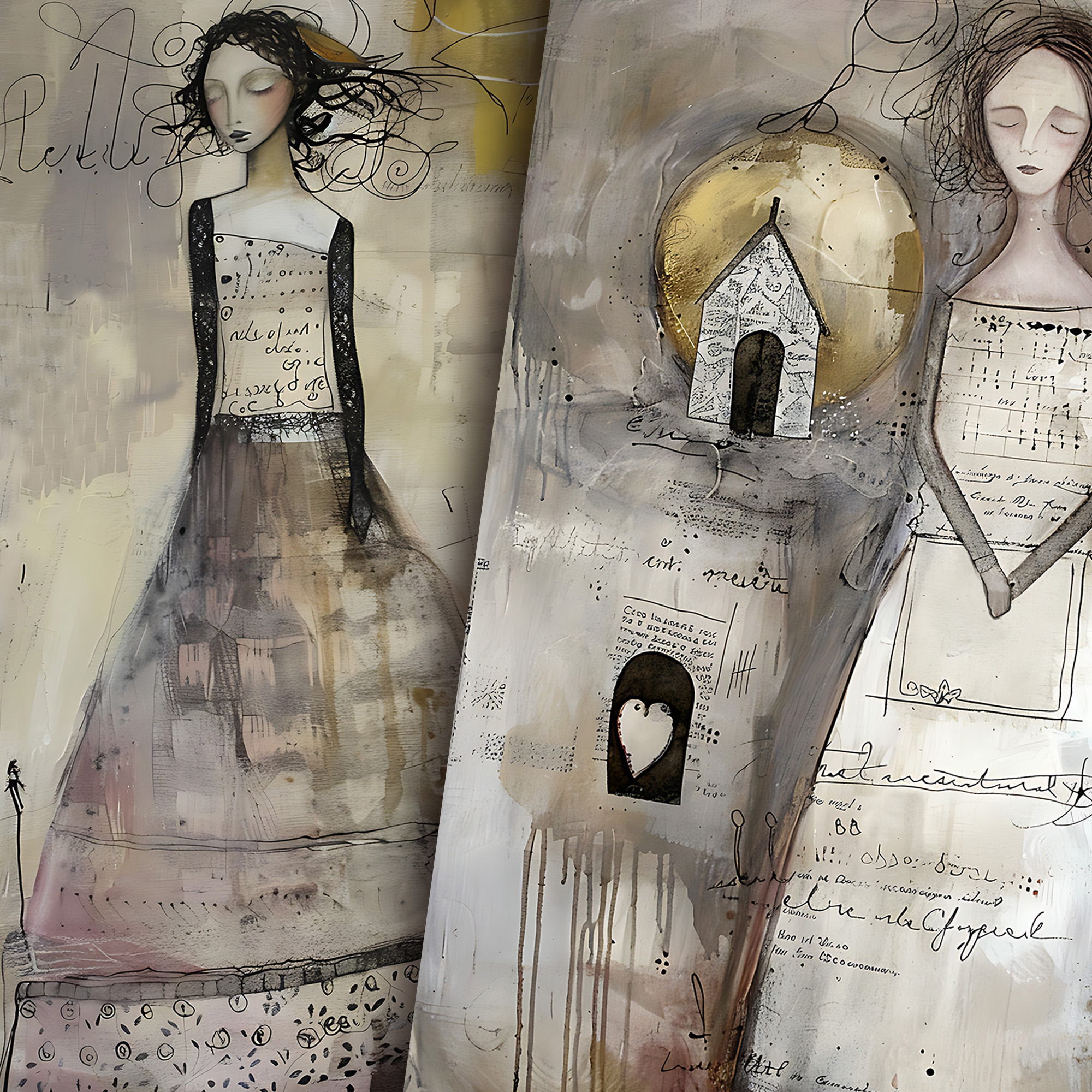 12 pc Lady Mixed Media Sketchy Art Printable Junk Journal Half Papers ...